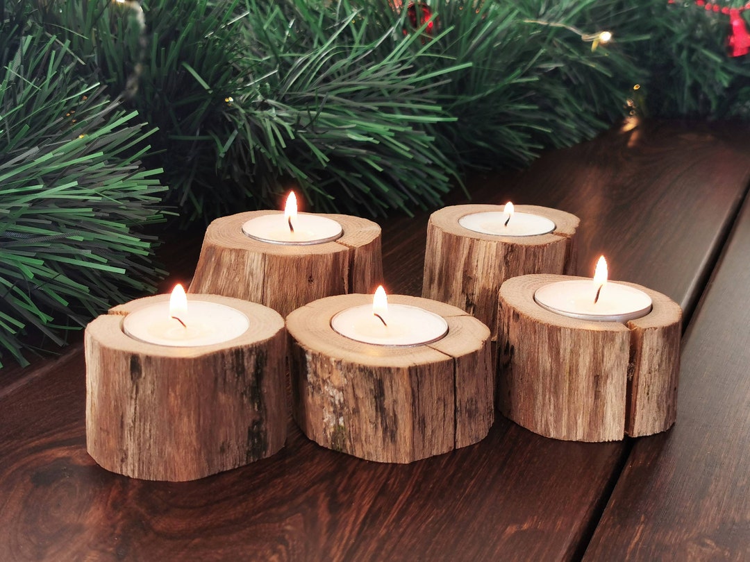 Set of 5 Tea Light Candle Holders Wood, Christmas Centerpiece - Etsy