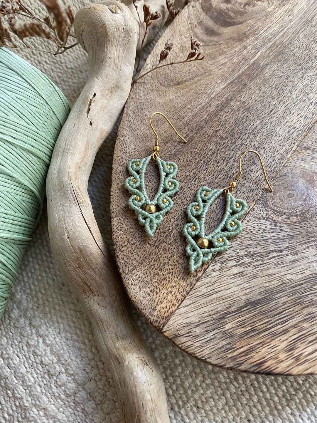 Small Macrame Beaded Earrings in Mint Color - Etsy