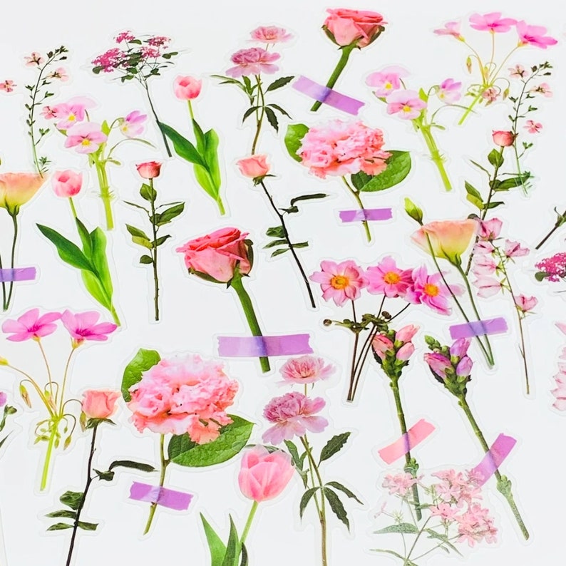 40 Pink Flower Stickers - Roses, Tulips, Carnations - Flake Stickers ...