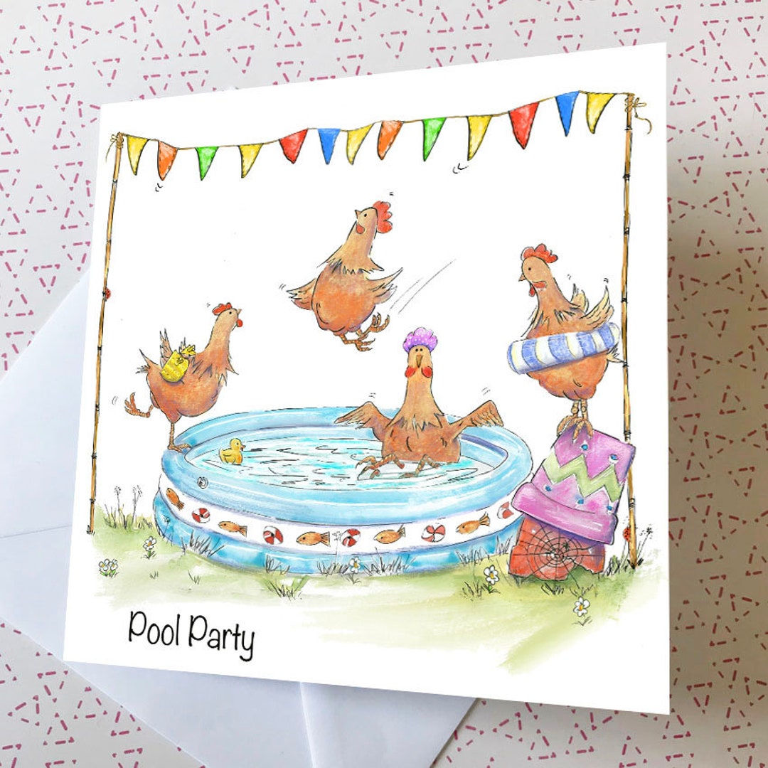 Chicken Birthday Card, Pool Party, Chicken Card, Funny Chicken Card ...