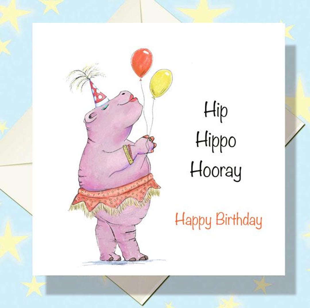 Hippo Birthday Card, Balloon Dancing Hippo Pun - Etsy