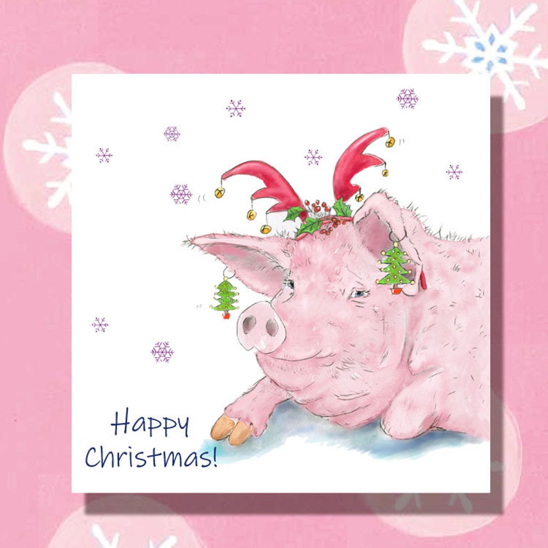 Christmas Pig Card, Xmas Pig Card, Happy Holidays Card, Flying Pig Card ...