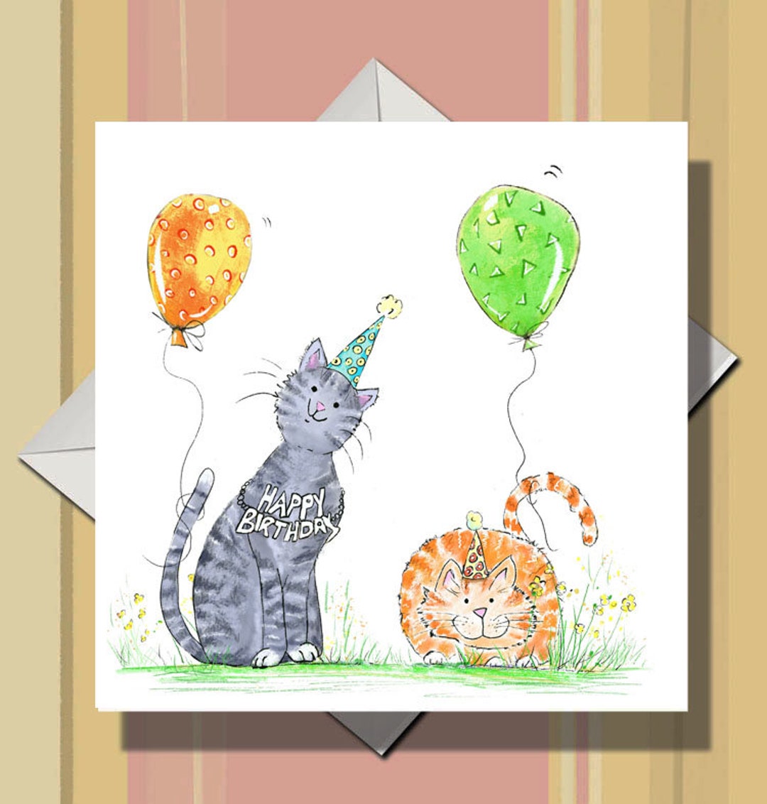 Happy Birthday Cat Card Cartoon Cat Card Cat Birthday Card Cat Card Cat ...