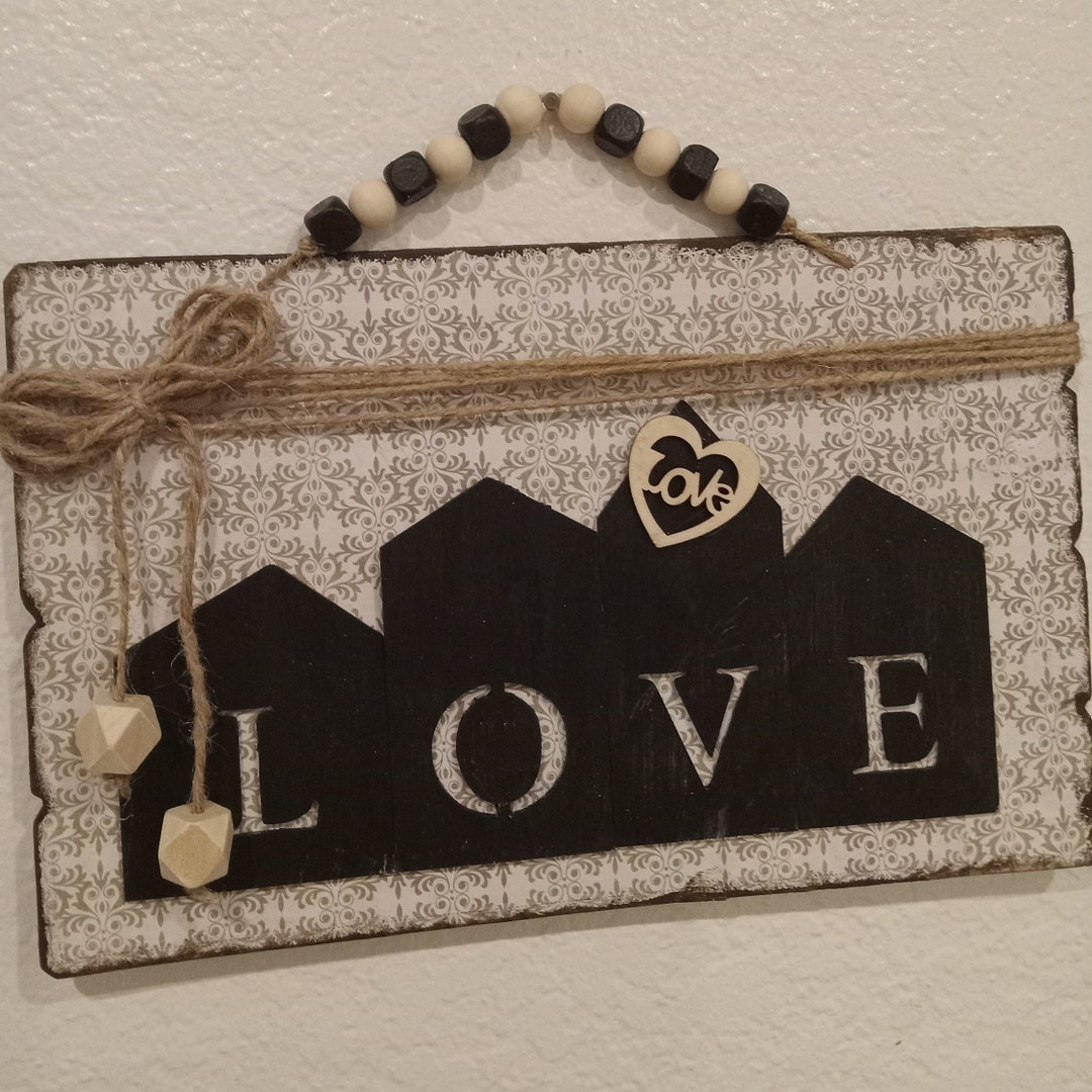 Rustic love Wall Sign With Netural Wood Beads - Etsy
