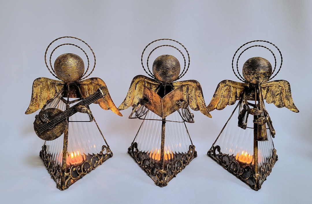 Set of 3 Golden Angel ~ Metal Art ~ 2 Musicians & 1 Singer ~ Gold and ...