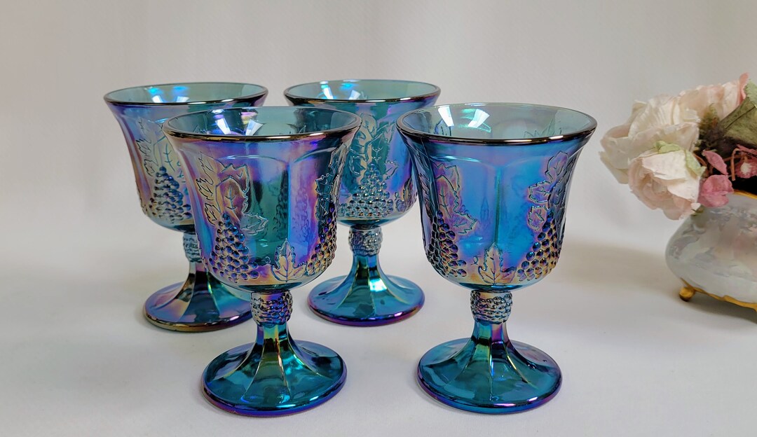 Vintage Carnival Glass Goblets ~ Set of 4 ~ Harvest Grape Indiana ...