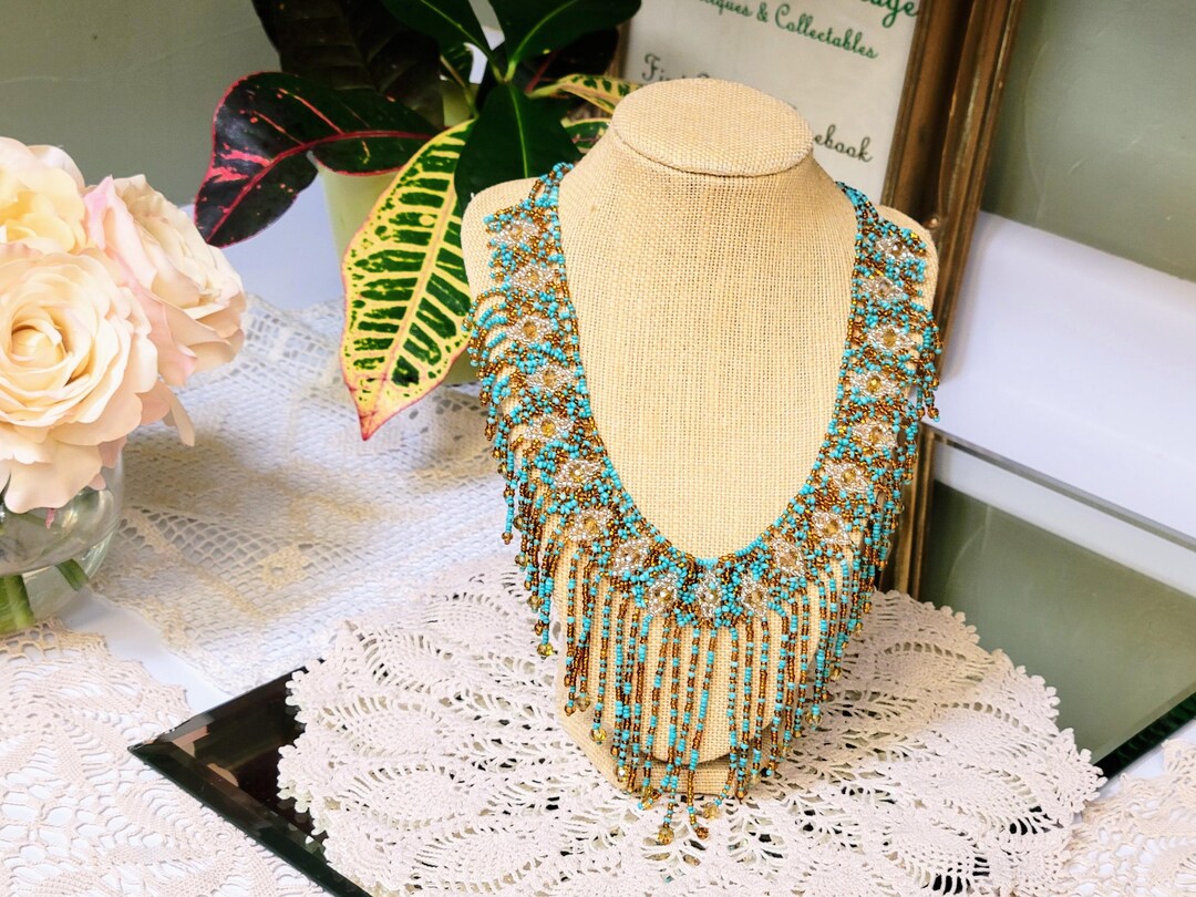 Tibetan Boho Bib Beaded Necklace ~ Turquoise, Gold and Clear Beads ~ 18 ...