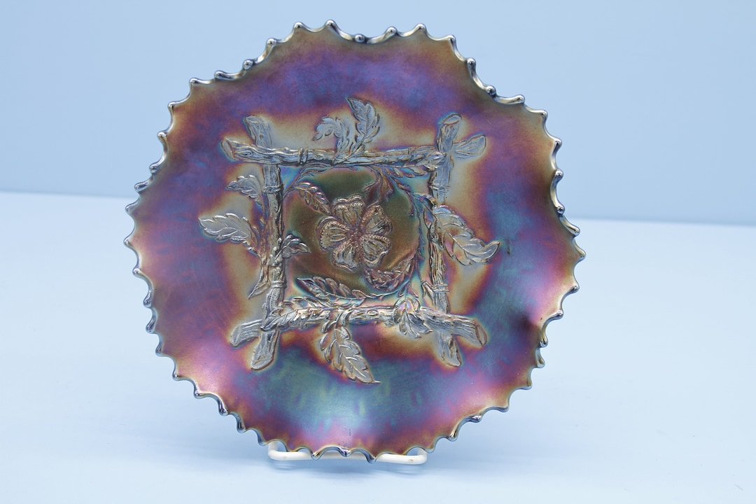 Dugan Carnival Glass Apple Blossom Twigs Ruffled Bowl, Purple/amethyst ...