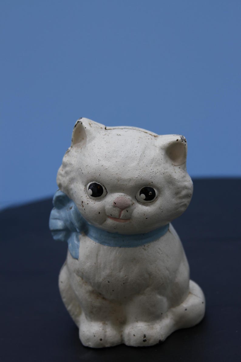 Vintage Hubley Cast Iron Kitty Cat Piggy Coin Bank Blue Bow Original ...