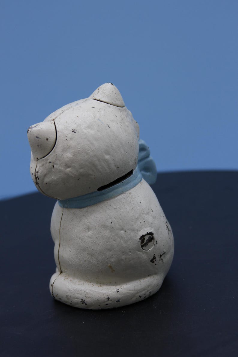 Vintage Hubley Cast Iron Kitty Cat Piggy Coin Bank Blue Bow Original ...