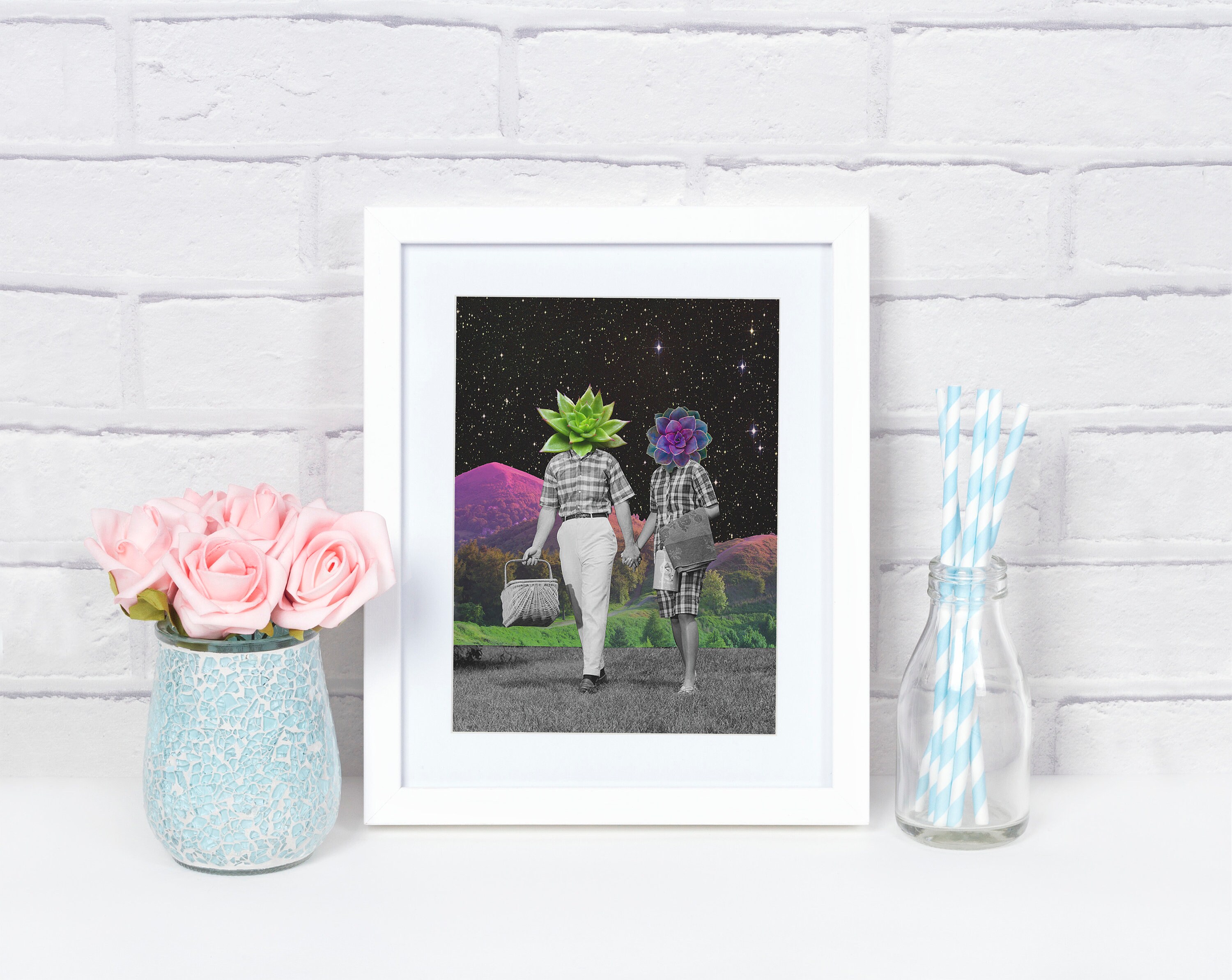 Surreal Cosmic Stroll Collage: Alien Love Amidst Vibrant Peaks ...