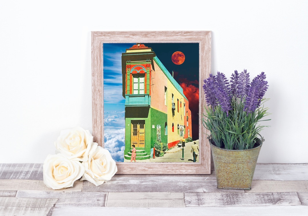 Surreal Day-night Building Collage: Colorful Divide of Sky, Art Print ...