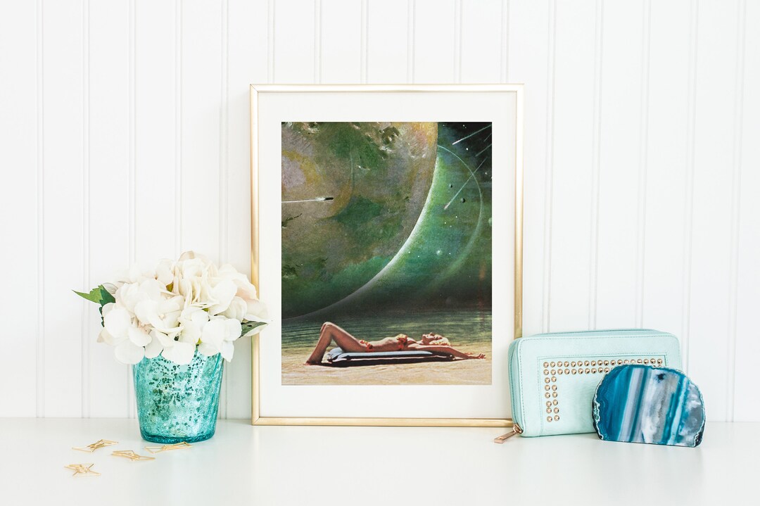 Lunar Serenity: Surreal Beach Collage With Woman, Planets & Shooting ...