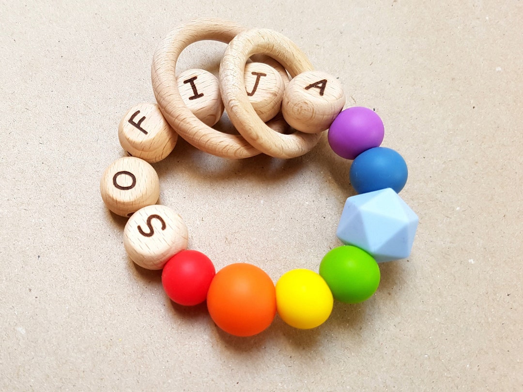 Personalized Rainbow Rattle, Montessori Rattle, Silicone Rattle ...