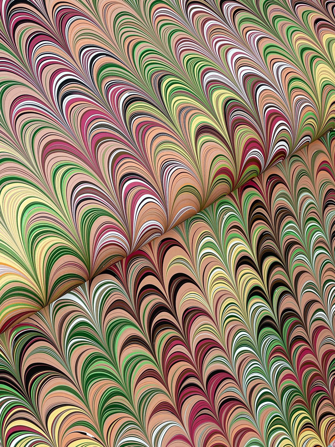 Fern Marbled Paper: Green, Apricot, Ruby - Bookbinding, Decoupage - Etsy