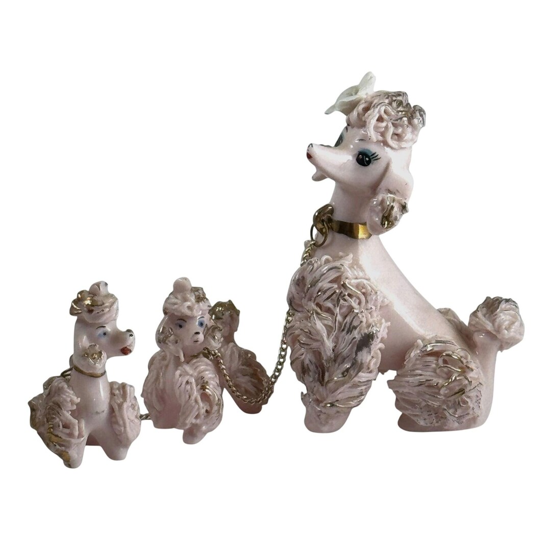 VTG Pink Poodle Figurine Set Wchain Leash Gold Accents Mid-century ...