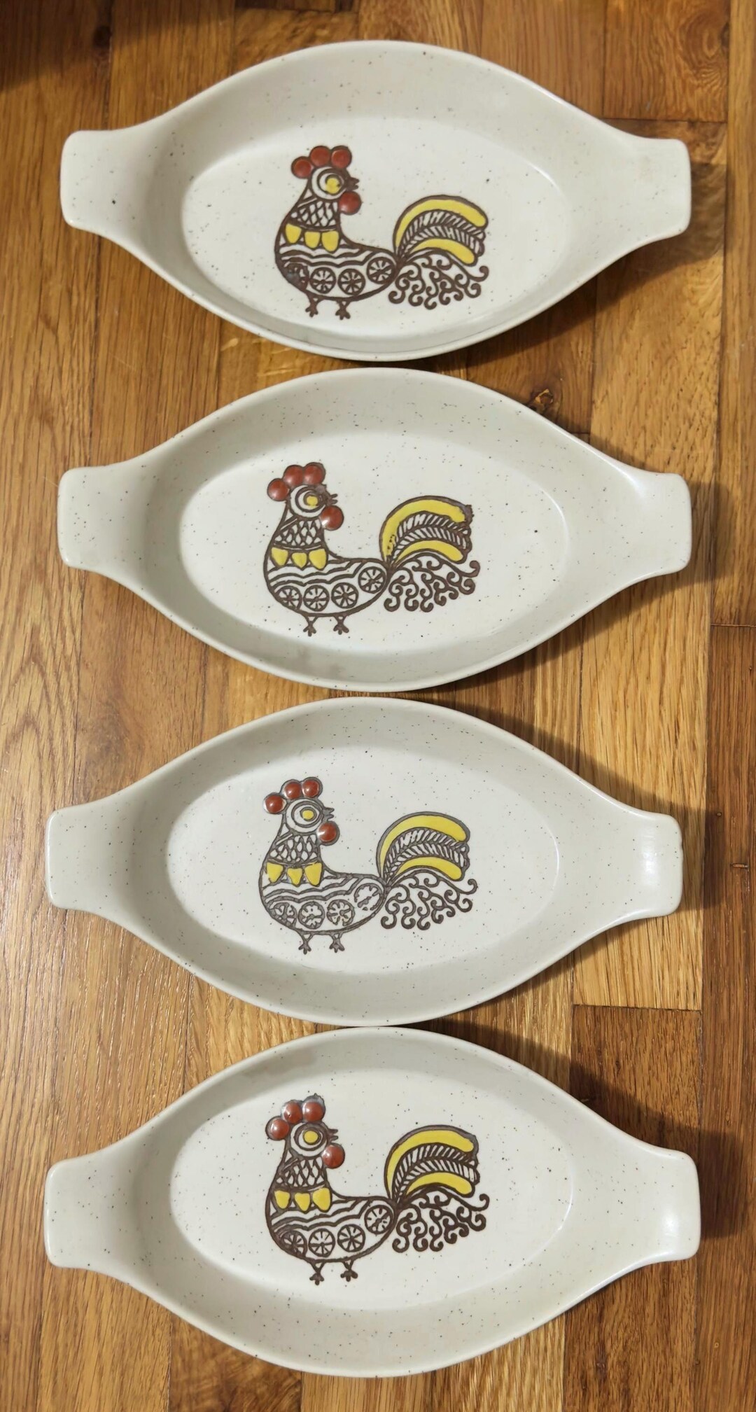 Vintage Stoneware Rooster Au Gratin Dishes Set of Four Speckled Raised ...