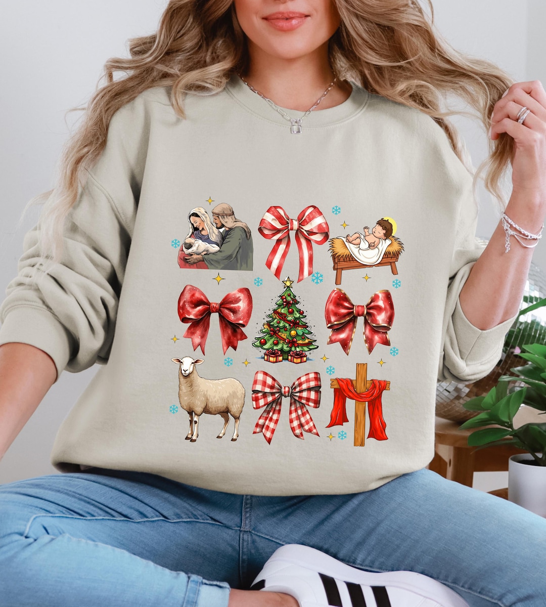 Christmas Nativity Christian Jesus Bow Shirt, Christmas Sweatshirt for ...