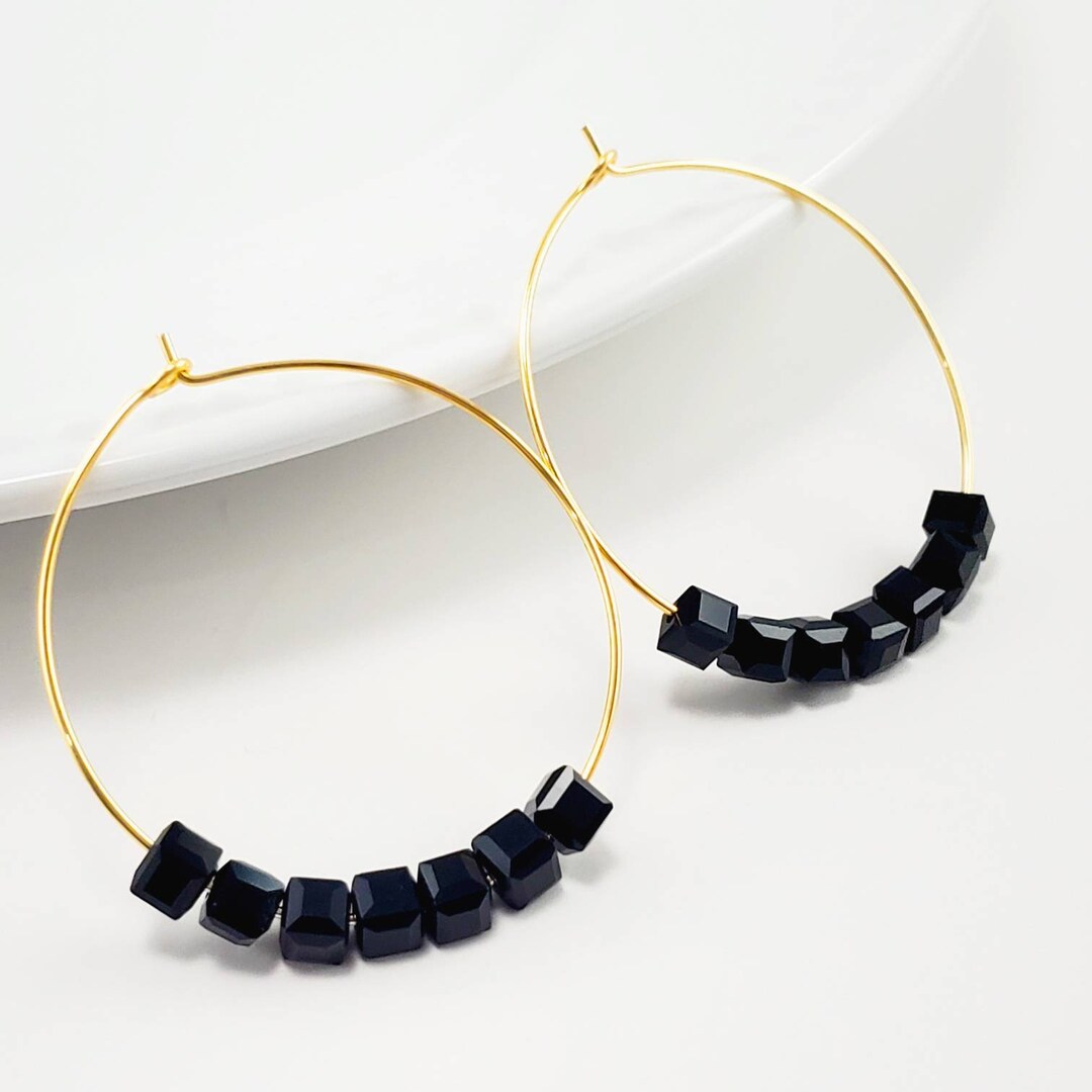 Black hoop earrings, Hoop crystal earrings, Dainty hoop earrings, Hoop ...