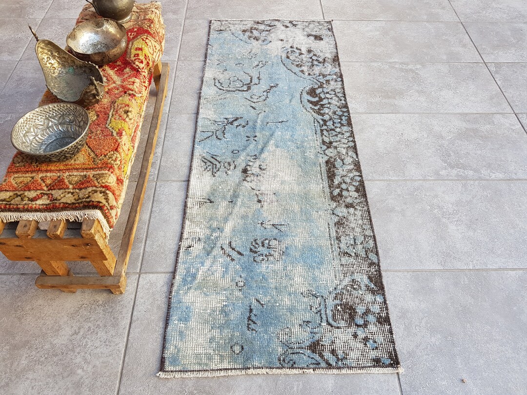 Wool Overdyed, Aqua Vintage Rug, 2x5 Hand Knotted Rug, Organic Rug ...