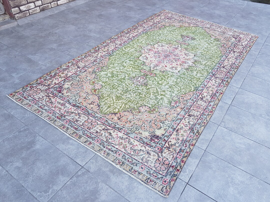 Area Vintage Rug, 5x9 Green Rug, Farmhouse Rug, Turkish Distressed Rug ...