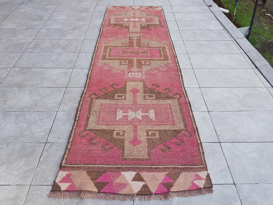 Pink Vintage Rug, Runner Oushak, Floor Hand Made Rug, Oriental Rug, Rug ...