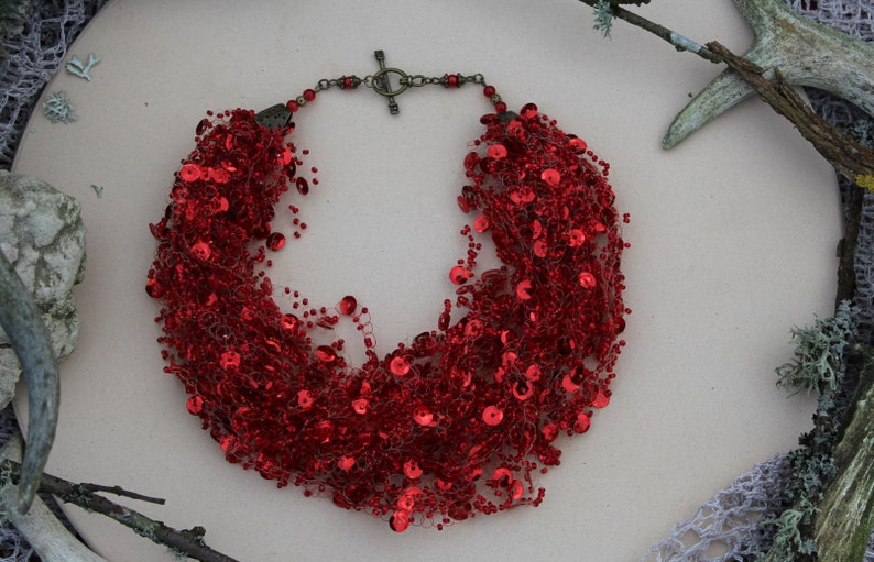 Red Sequin Necklace, Bright Necklace, Multistrand Elastic Necklace ...