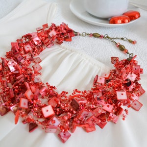 Bright Red Necklace, Beaded Necklace Choker, Multi Strand Bib Necklace ...