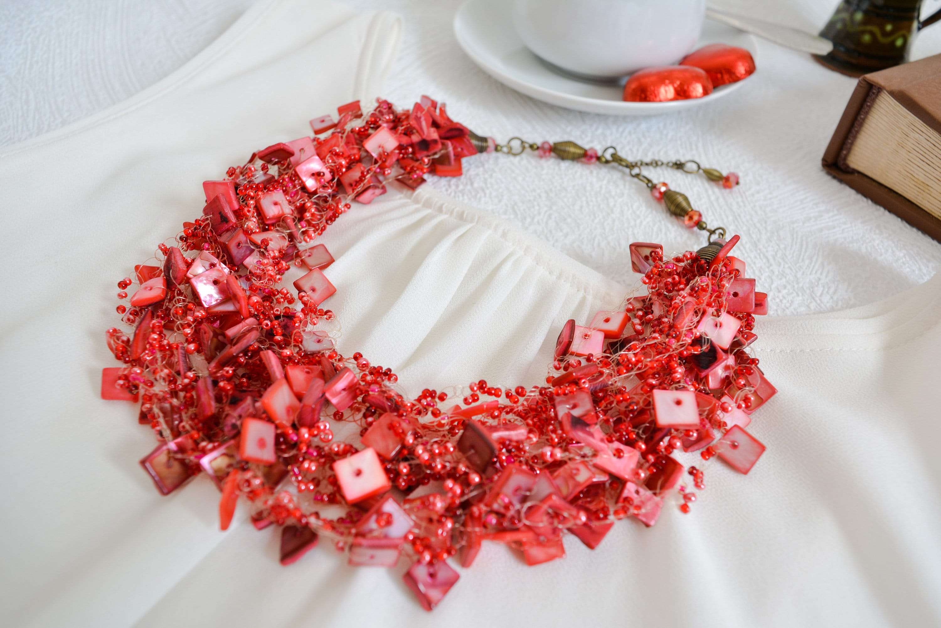 Bright Red Necklace Beaded Necklace Choker Multi Strand Bib - Etsy