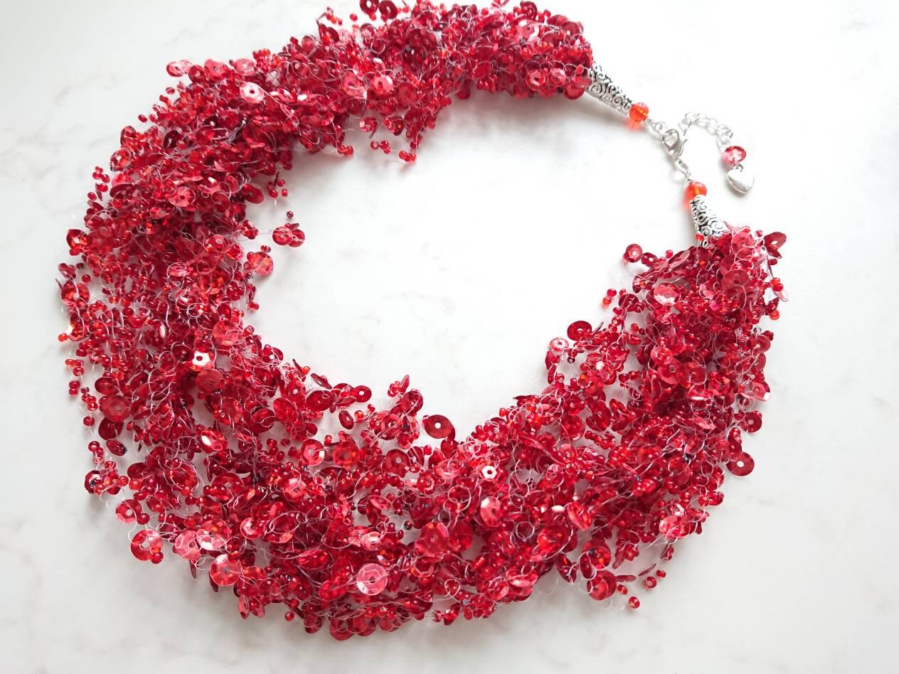 Red Sequin Necklace, Bright Necklace, Multistrand Elastic Necklace ...