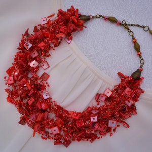 Bright Red Necklace, Beaded Necklace Choker, Multi Strand Bib Necklace ...