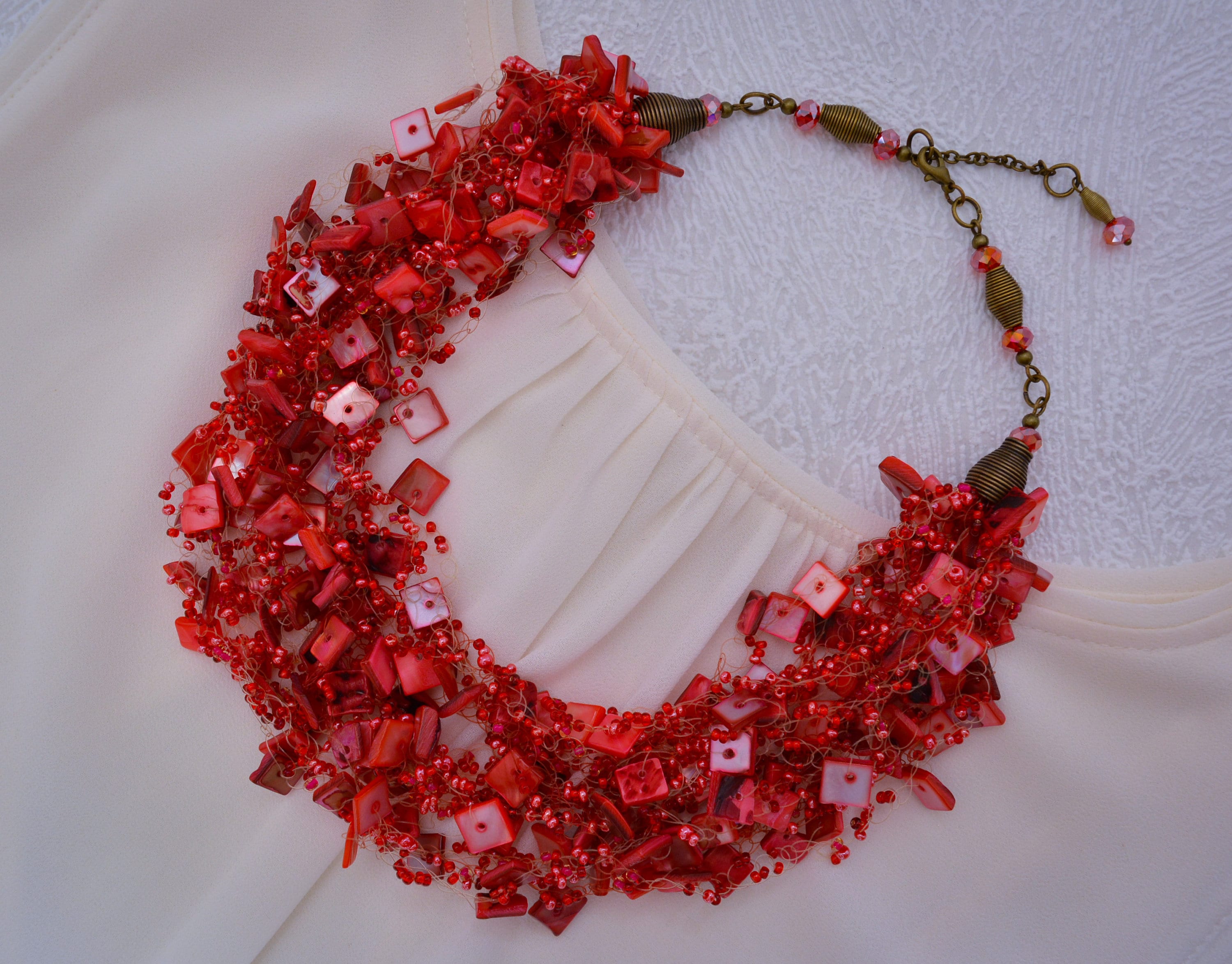 Bright Red Necklace, Beaded Necklace Choker, Multi Strand Bib Necklace ...