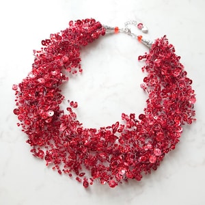 Red Sequin Necklace, Bright Necklace, Multistrand Elastic Necklace ...