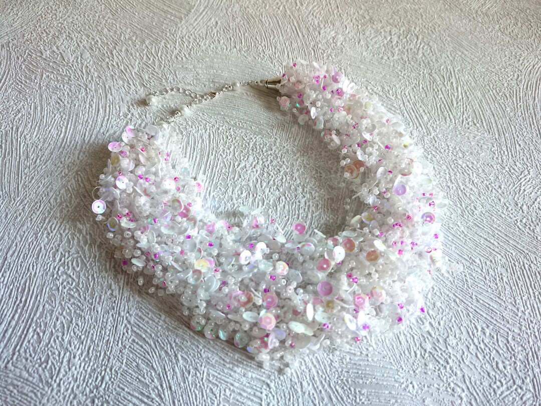White Sequin Necklace, AB Gloss Necklace, Multistrand Elastic Necklace ...
