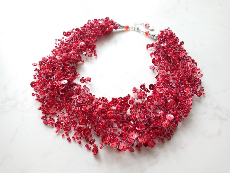 Red Sequin Necklace, Bright Necklace, Multistrand Elastic Necklace ...