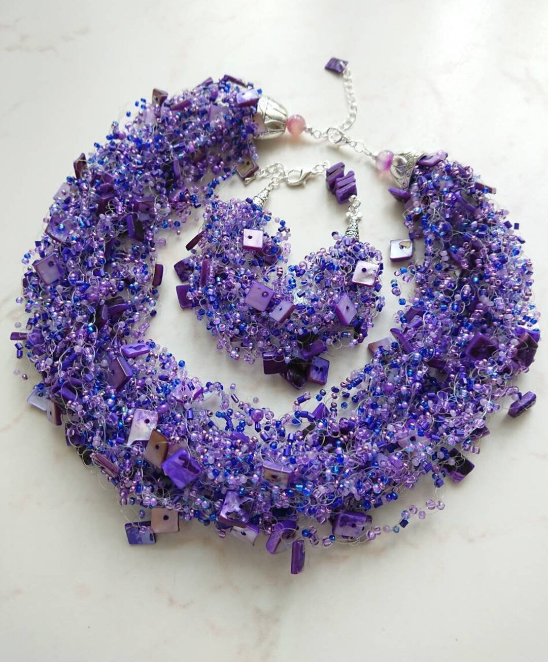 Purple Jewelry Set, Thick Crocheted Necklace, Airy Beaded Necklace ...
