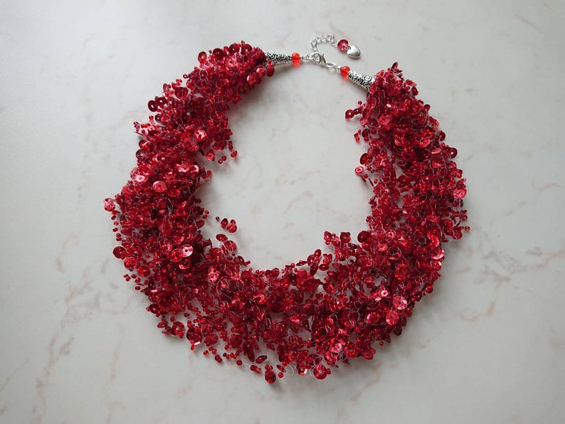 Red Sequin Necklace, Bright Necklace, Multistrand Elastic Necklace ...