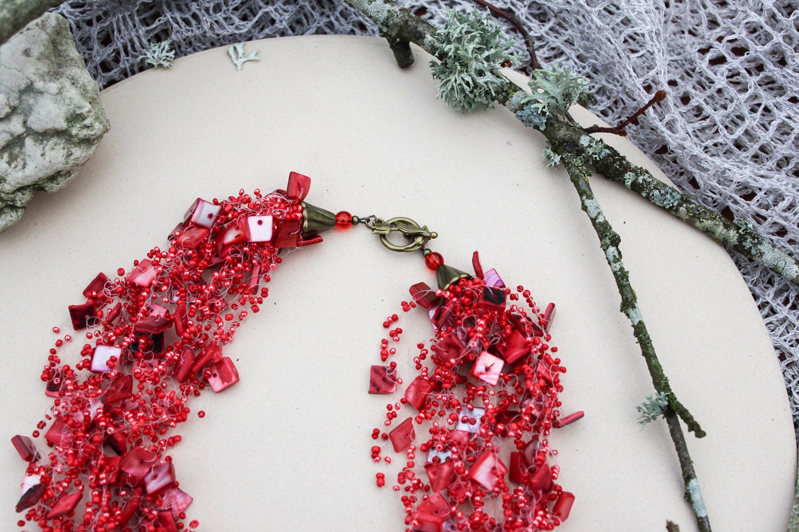 Bright Red Necklace, Beaded Necklace Choker, Multi Strand Bib Necklace ...