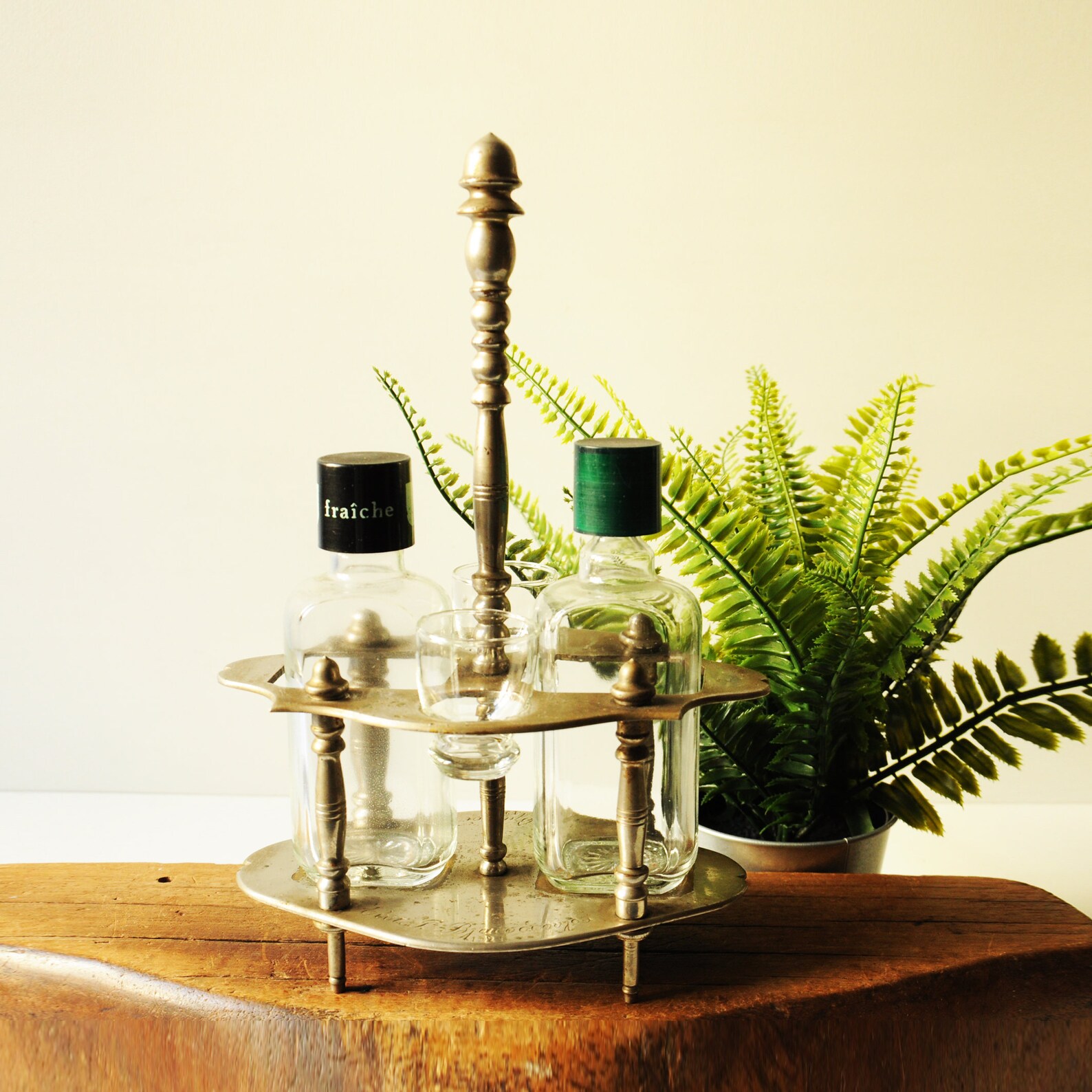 1921 Liqueur Serving Set Antique Handmade Metal Base Menthe Fraiche ...