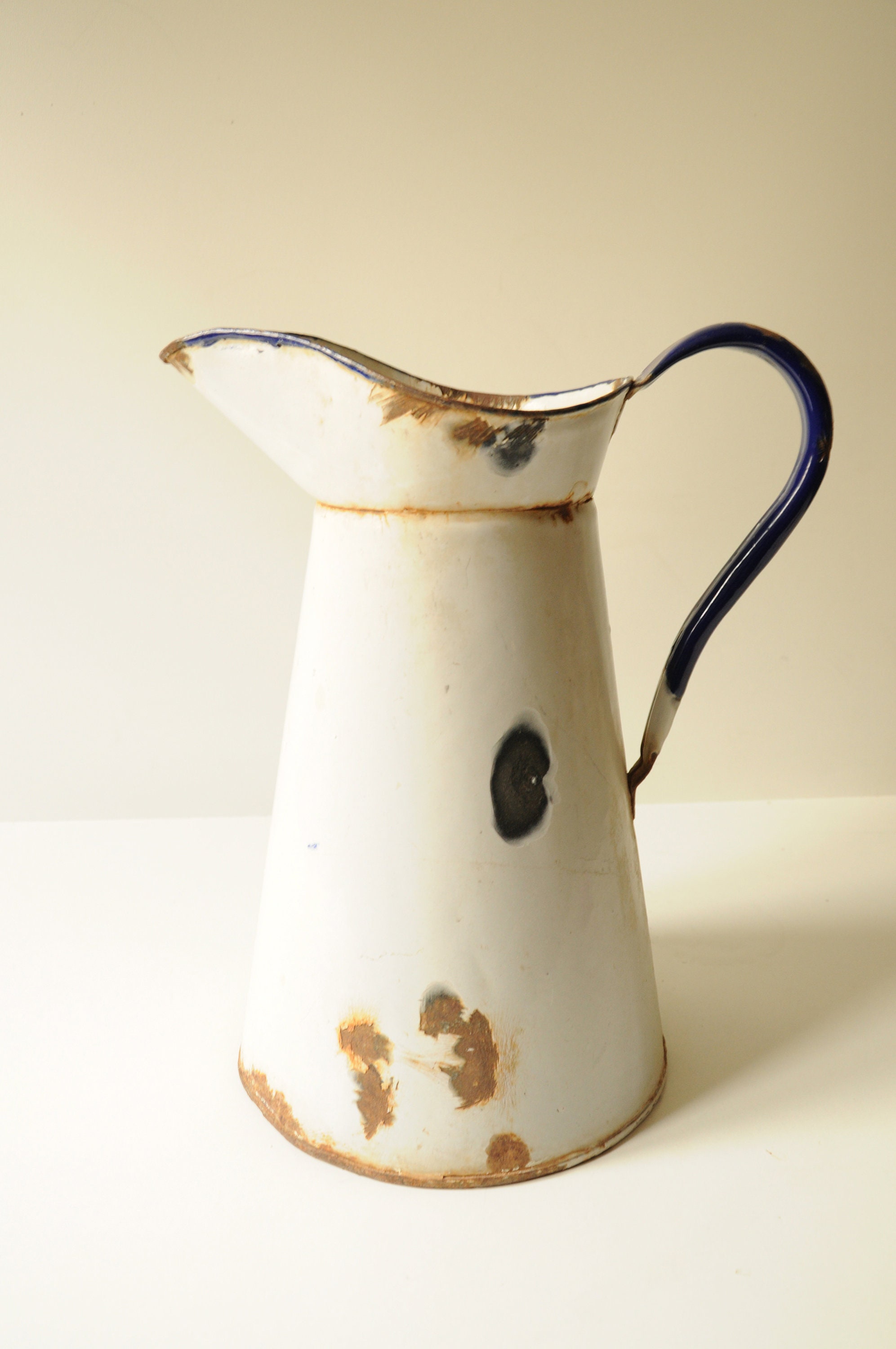 Vintage Large French White Cobalt Blue Enamel Pitcher Water | Etsy