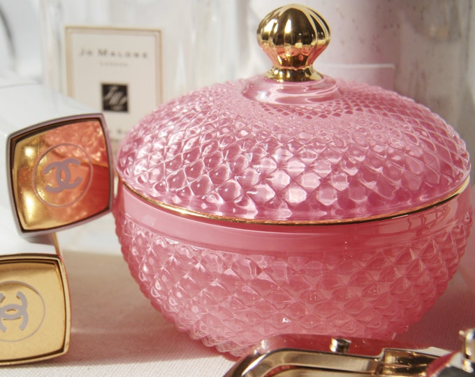 Pink or Cream Round Cut Glass Trinket Jar - Etsy