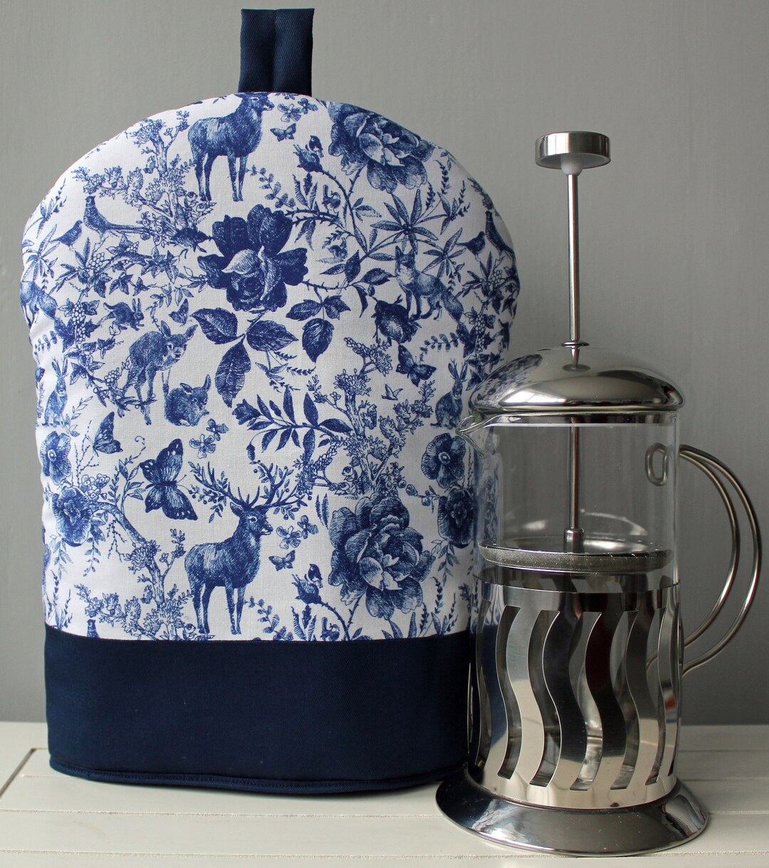 French Press Cafetiere Cosy, Insulated Blue and White Woodland Scene ...