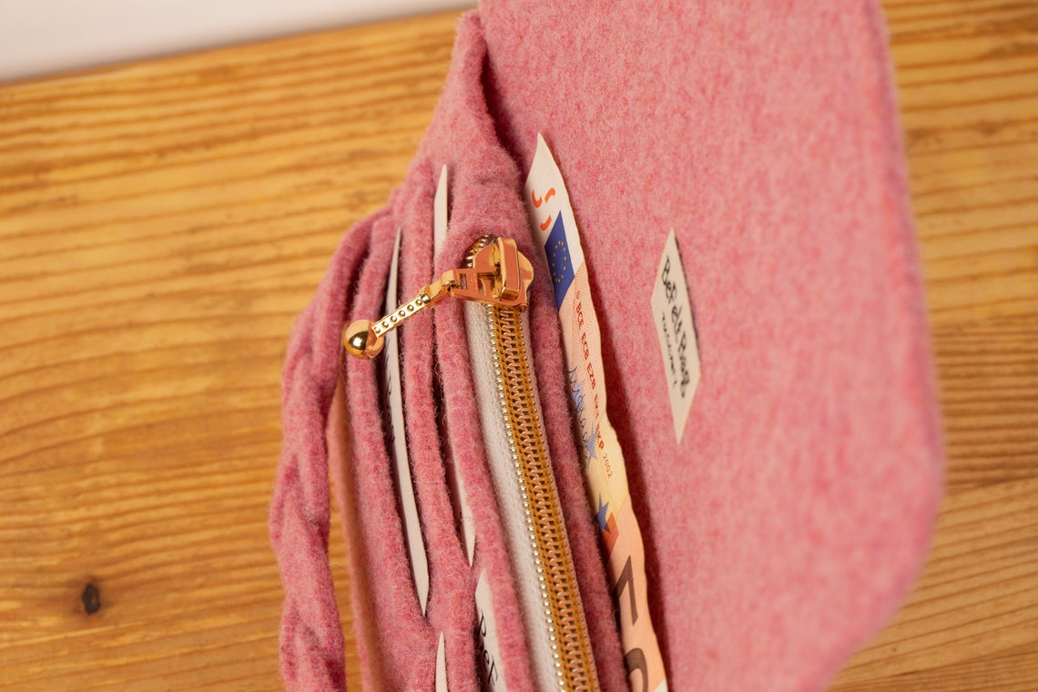 Felt Wallet Woman in Pink Felt With Braid Wool Clutch Purse | Etsy