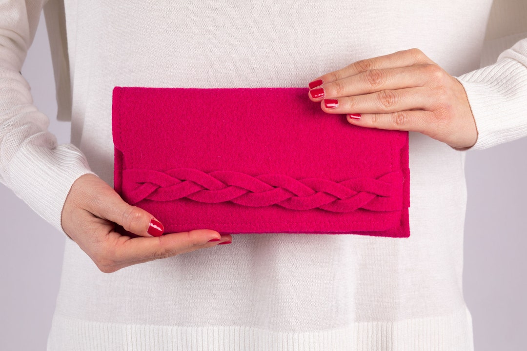 Long Wallet Woman Hot Pink Felt With Braid, Wool Fuxia Pink Handbag ...