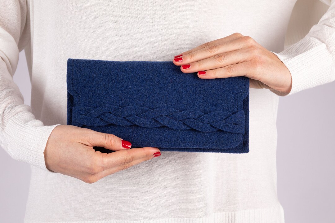 Long Wallet Woman in Royal Blue Wool Felt With Braid, Blue Handbag ...