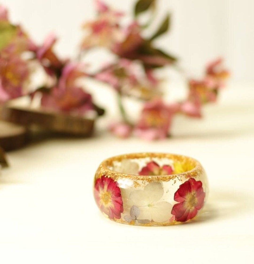 Real Flower Bangle, Pressed Flower Bracelet, Resin Floer Bangle, Red ...