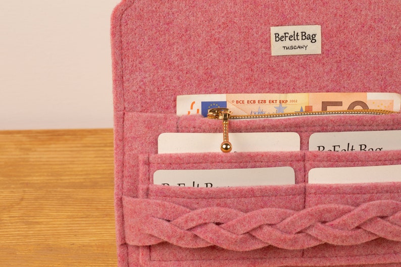Felt Wallet Woman in Pink Felt With Braid, Wool Clutch Purse - Etsy