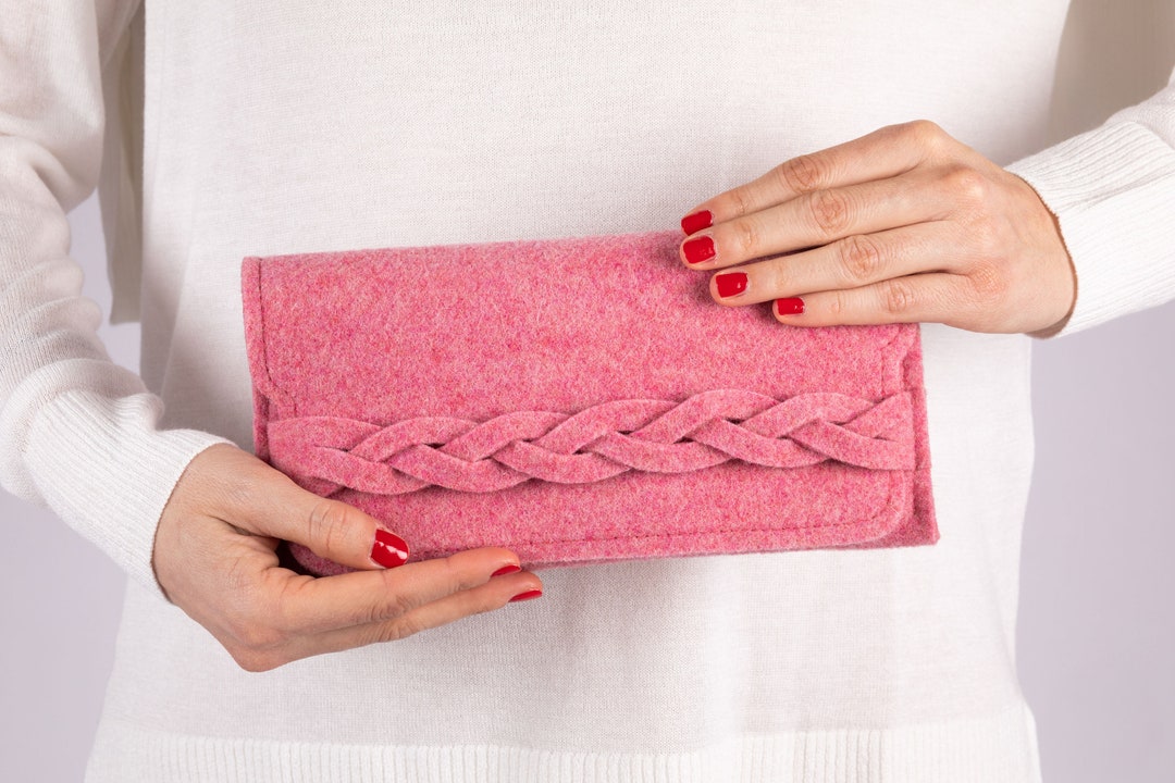 Felt Wallet Woman in Pink Felt With Braid, Wool Clutch Purse - Etsy