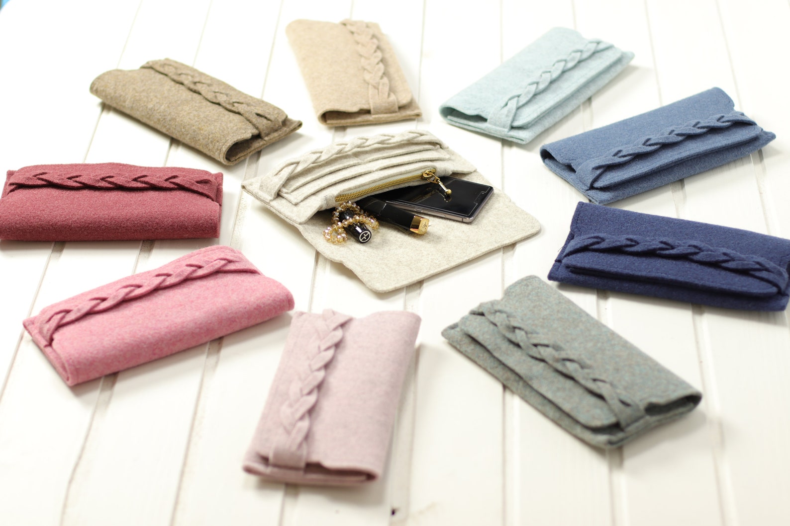 Felt Wallet Woman in Pink Felt With Braid Wool Clutch Purse - Etsy