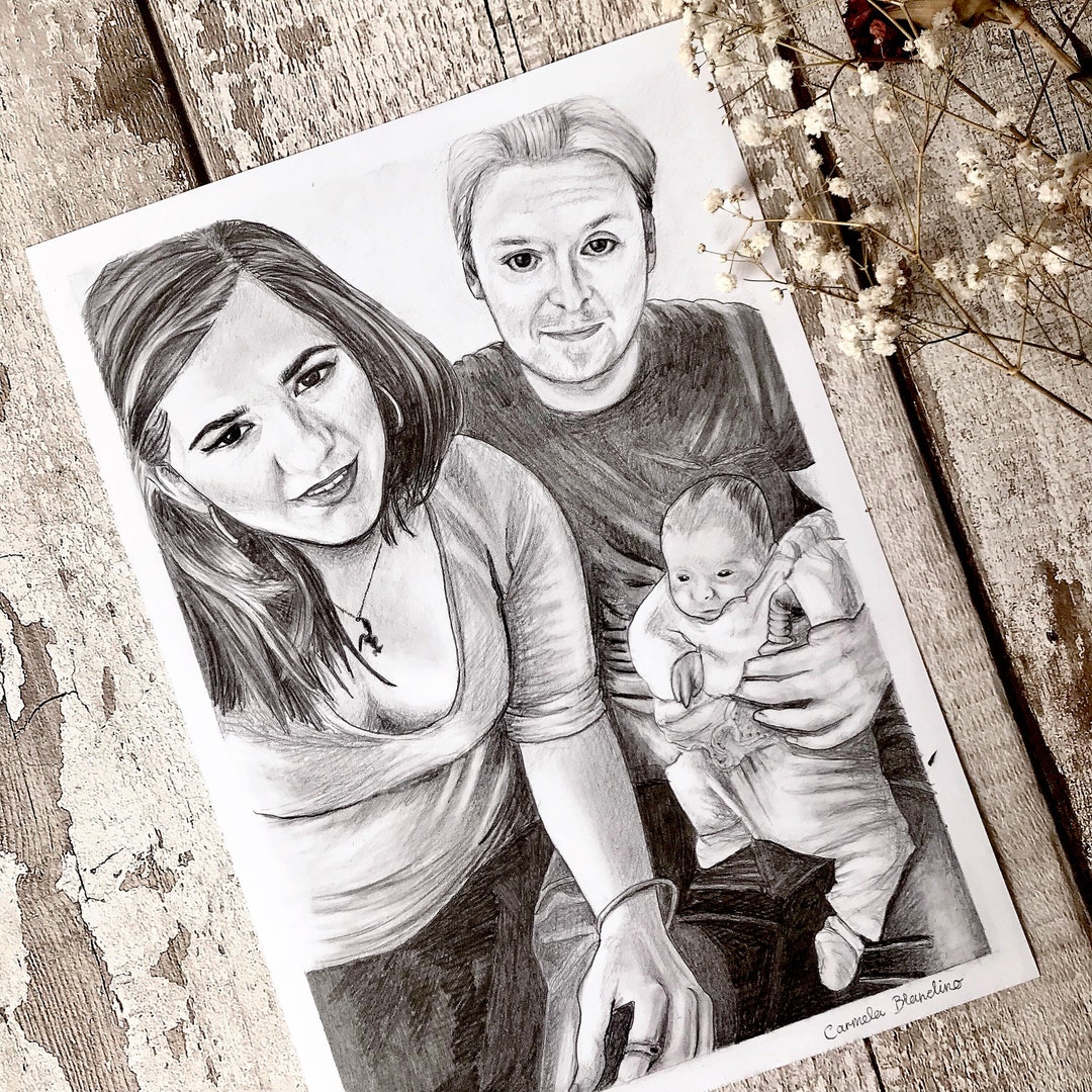 Family Portrait, Pencil Portrait, Hand Drawn, Drawing From Photo ...